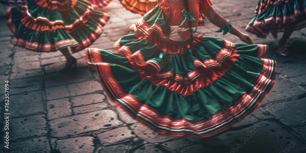 mexican girls dancing in traditional dresses on the stone-paved streets ...
