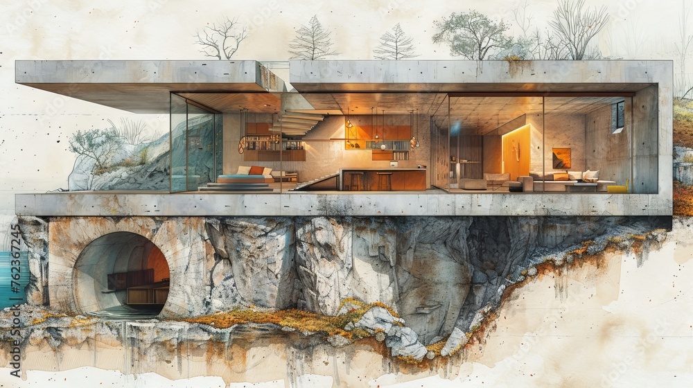 Sectional view of a drawing of an underground house with a multi-level layout. The space ...