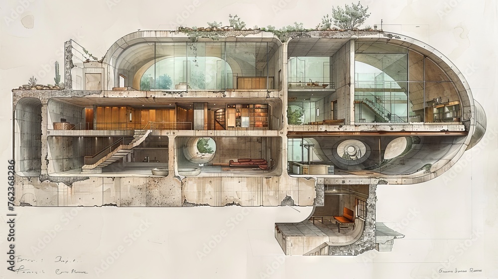 Detailed drawing of the layout of a nuclear bunker, showing the various ...