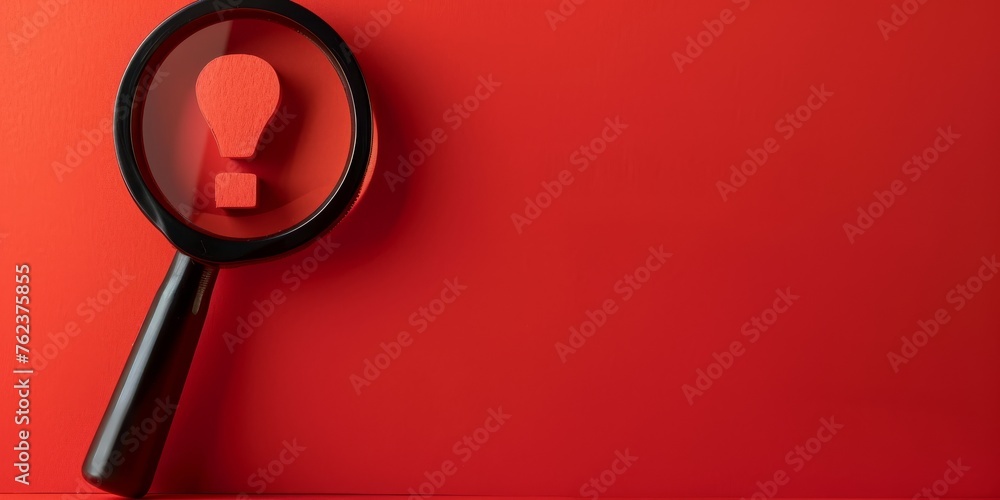 Magnified exclamation mark bright red background Focus on danger ...