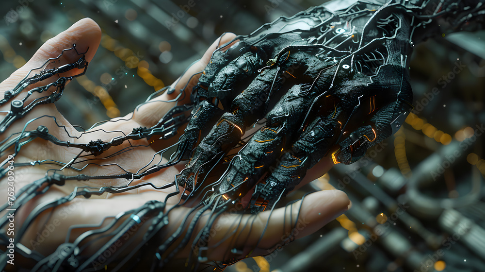 Showcase a close-up shot of human hands intertwined with intricate ...