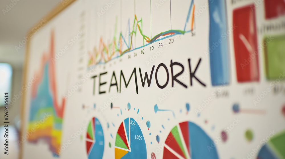 Text "Teamwork" written on the office whiteboard next to the drawings ...