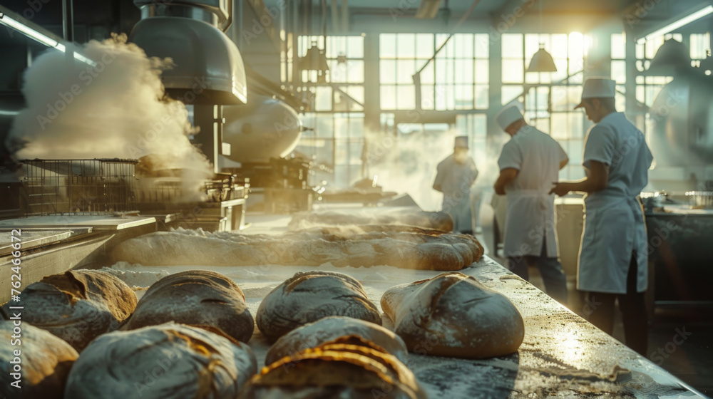 Busy artisanal bakery with fresh bread loaves and visible steam in the ...