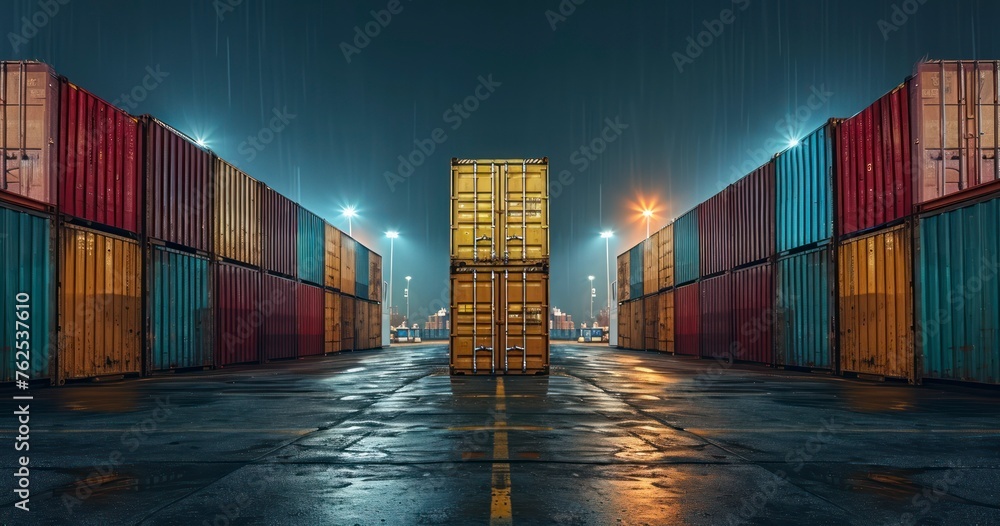 Towering Stacks of Freight Shipping Containers Under the Night Sky in a ...