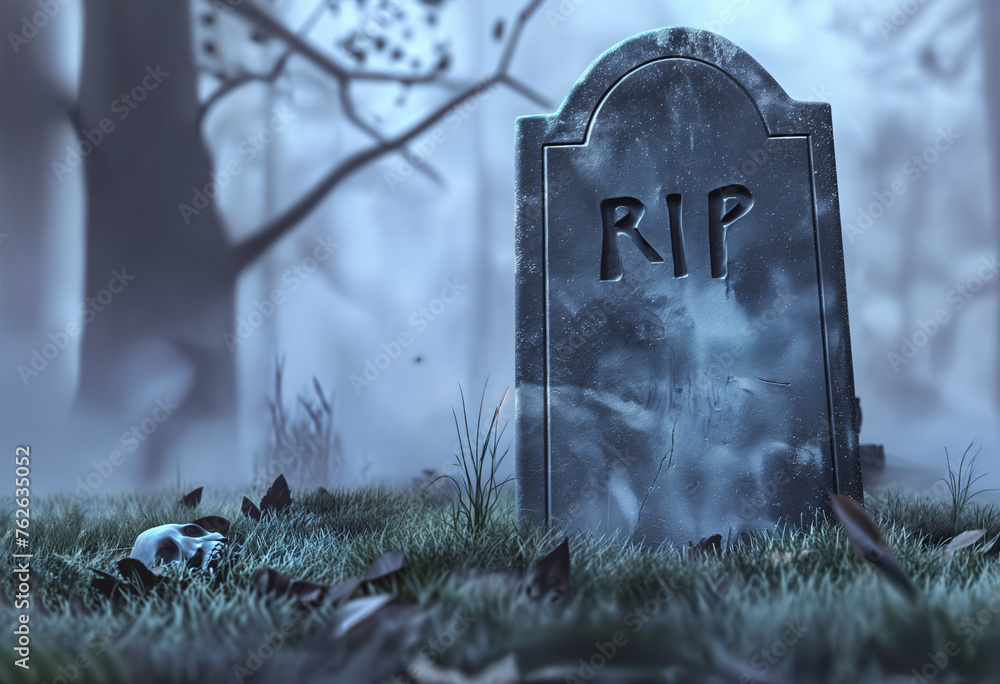 RIP Rest In Peace message carved into weathered granite gravestone ...