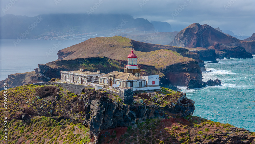 Lighthouse at Sao Lourenco peninsula on Madeira from an aerial view ...