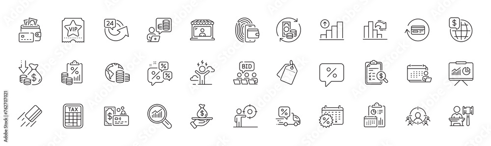 Card, Online auction and Market seller line icons. Pack of Wallet ...