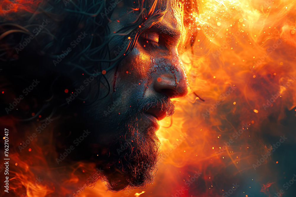 Portrait of Jesus Christ with a crown of thornsin the holy fire ...