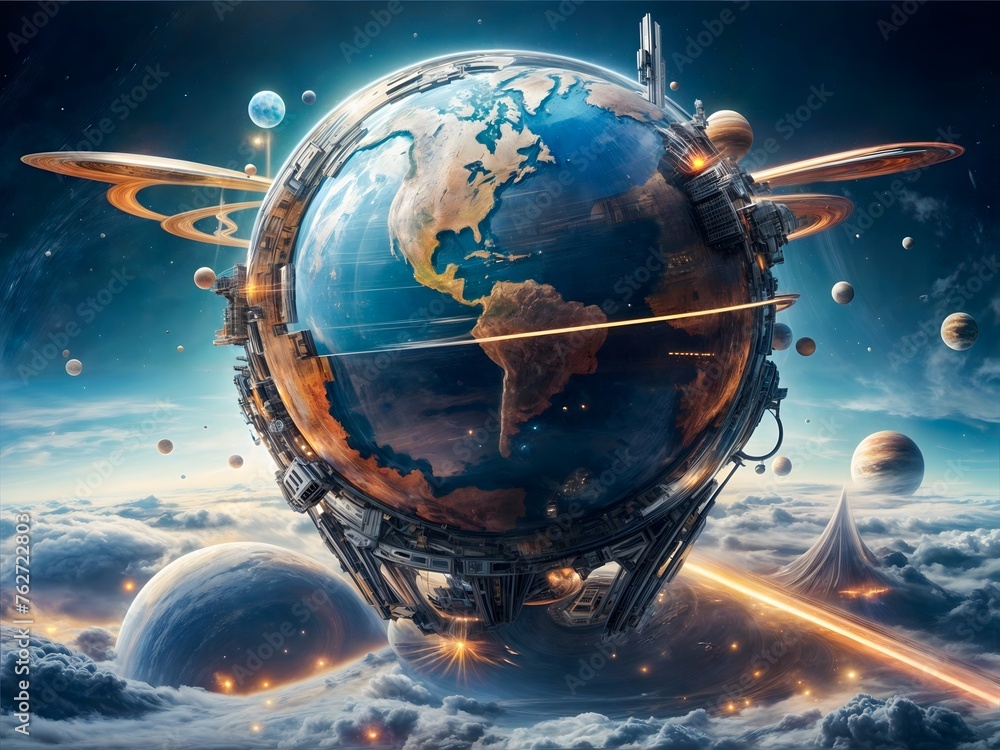 Planet Earth made of glass is surrounded by multiple smaller versions ...