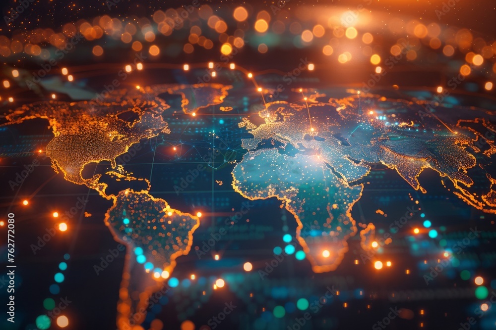 a global map dotted with lights, representing vaccination centers ...