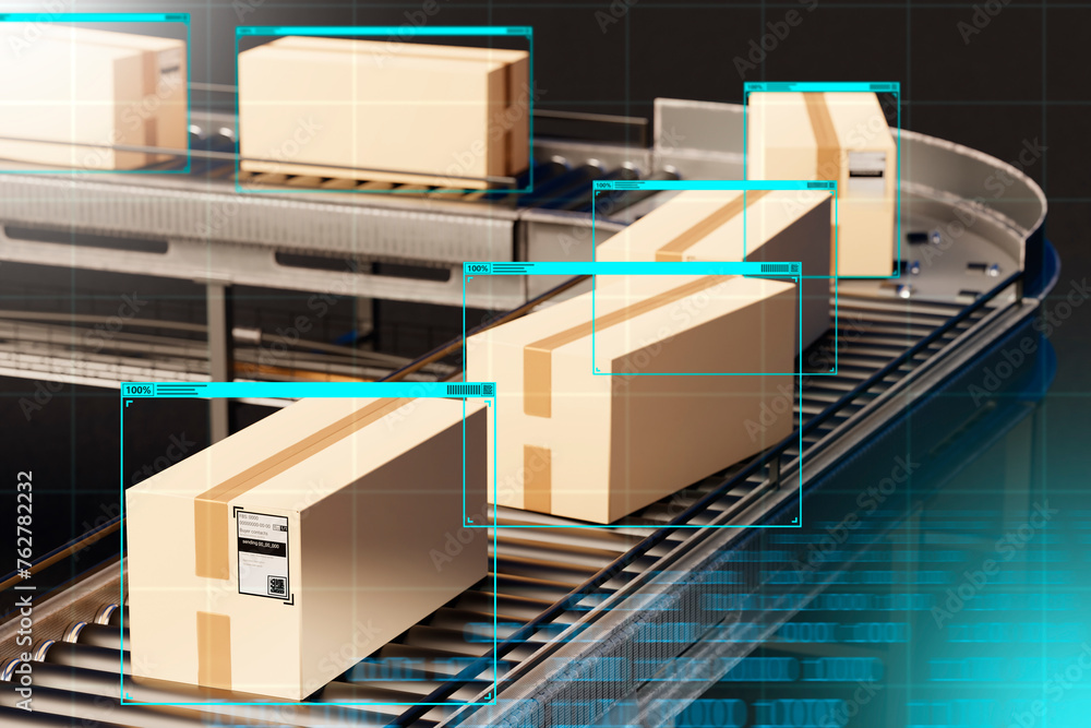 Warehouse tech. Conveyor with boxes. Machine vision recognizes parcels ...