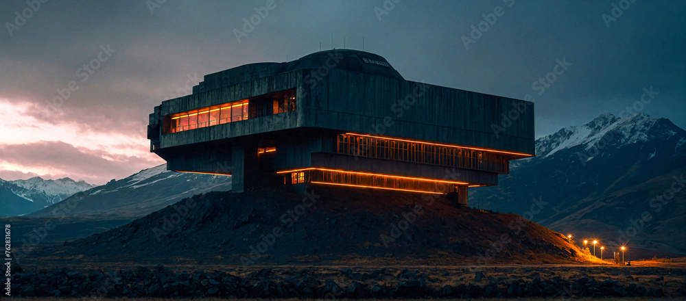 Architectural bunker structure, perched on steep terrain in the ...