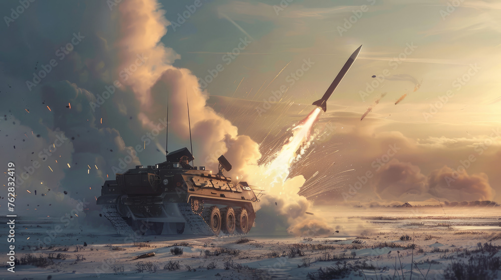 A missile is being launched from batteries to rise into the sky, with ...