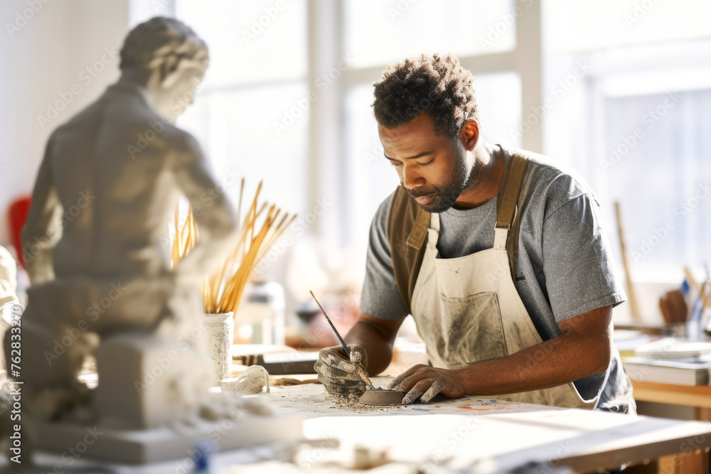 Photo Stock African American man draws sketch of sculpture in art ...