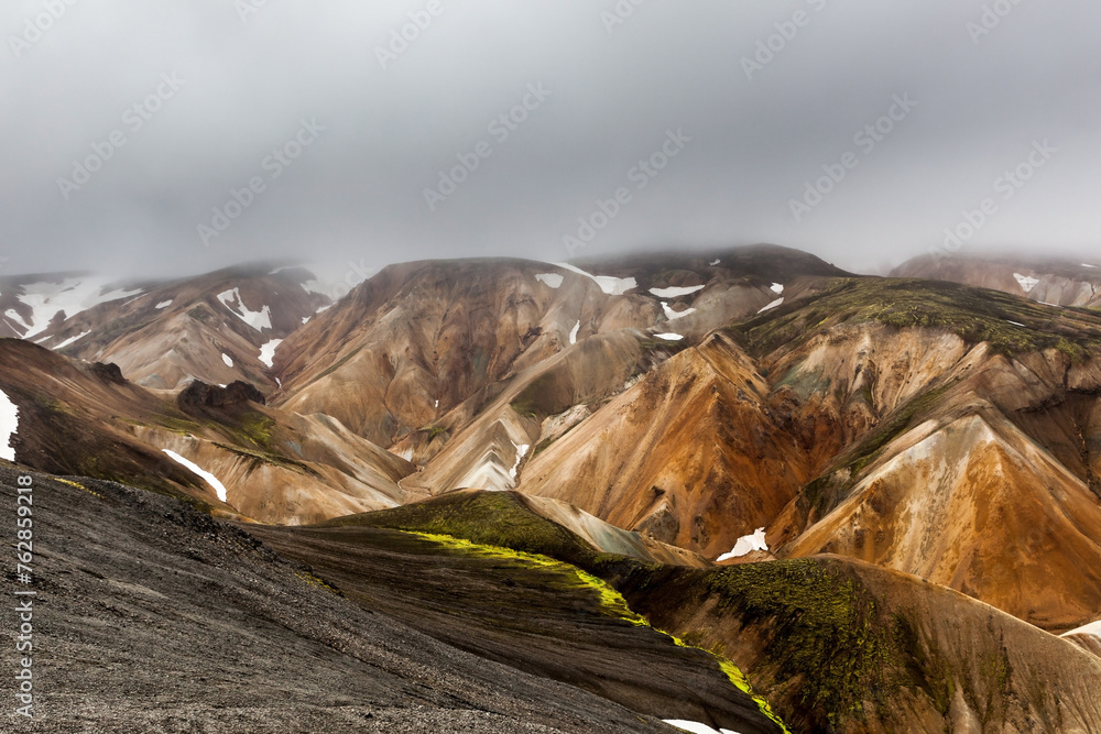 Colorful mountains of Landmannalaugar National Park in Iceland. Dark ...