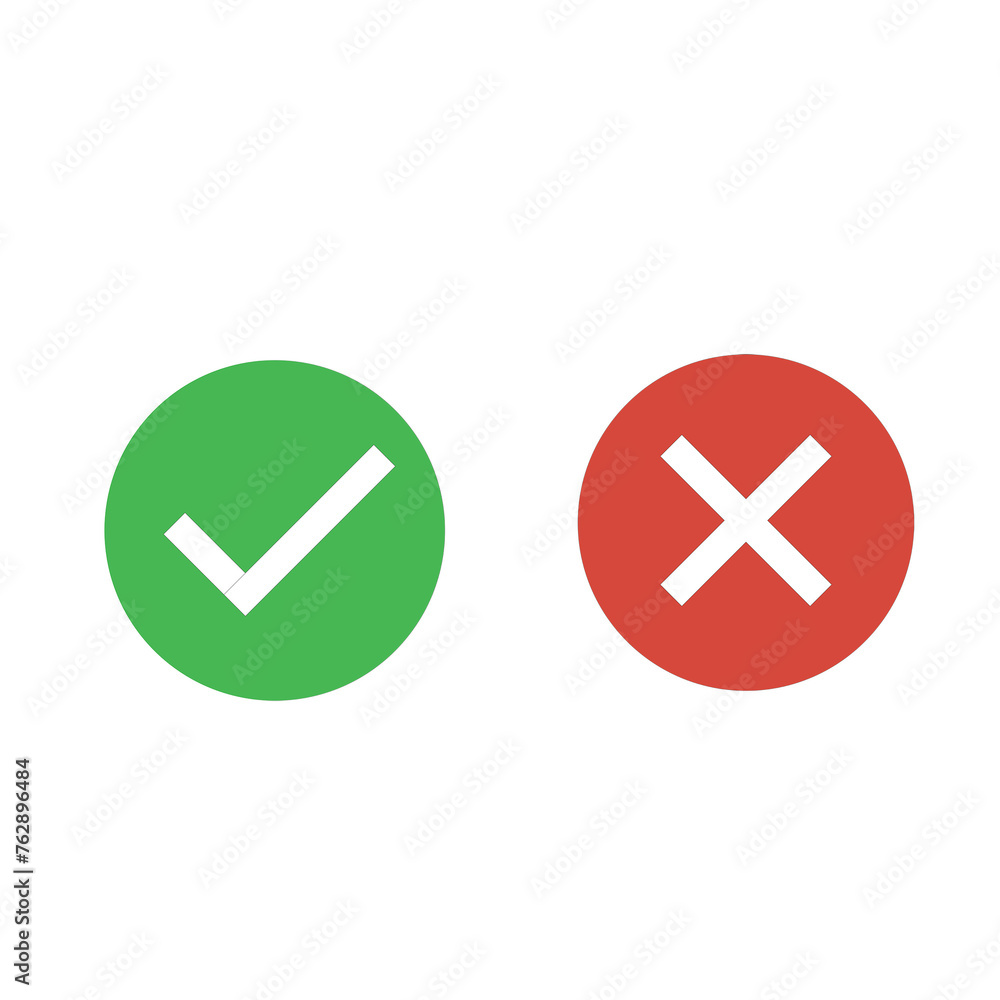 Green check mark, red cross mark icon, and button set. Isolated tick symbols, checklist signs ...