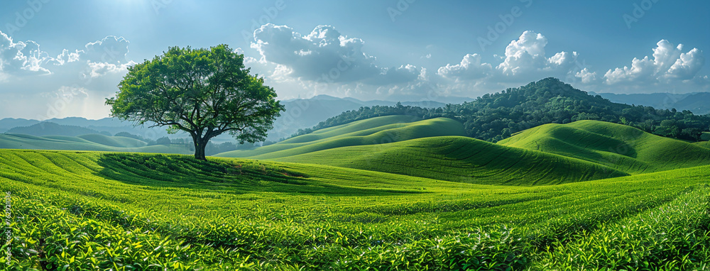 Wide wallpaper background image of long empty grass mountain valley ...