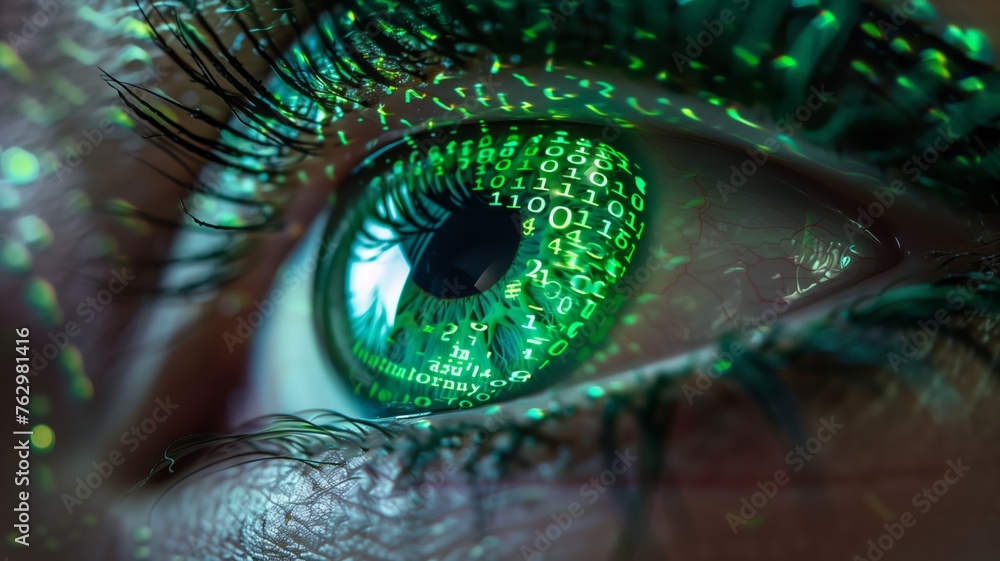 Computer vision concept. Human eye with binary code inside. Fusion of ...