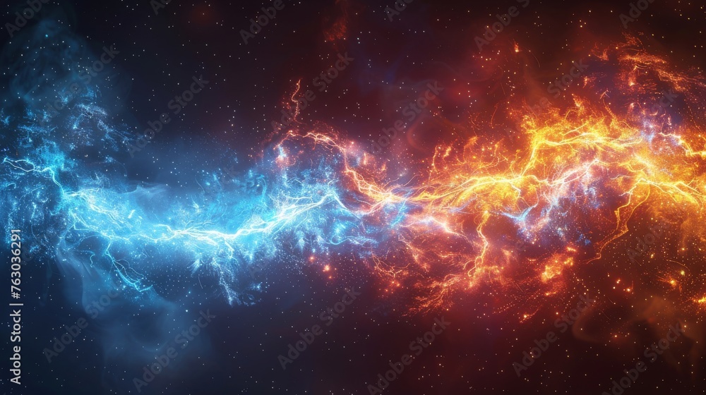 Blue vs yellow lightning thunder bolt explosion. Glowing electric shock ...