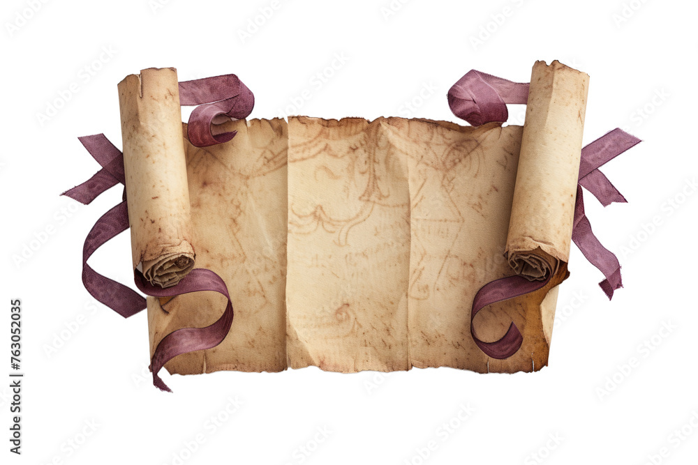 Old paper scrolls with ribbon banner isolated on transparent background ...