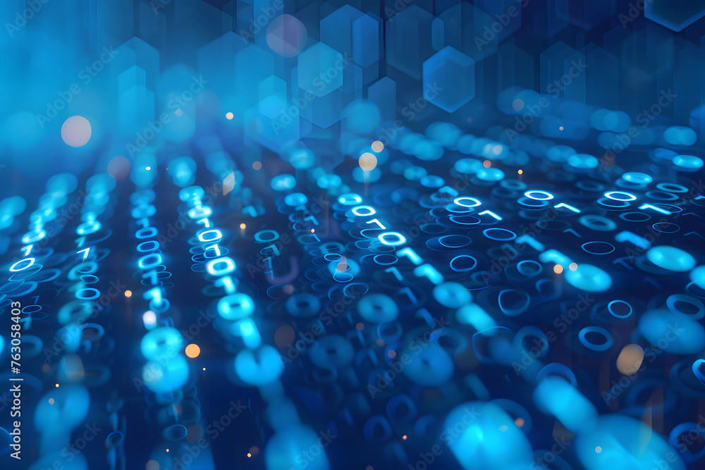Abstract digital background with blue binary code and light streaks on ...