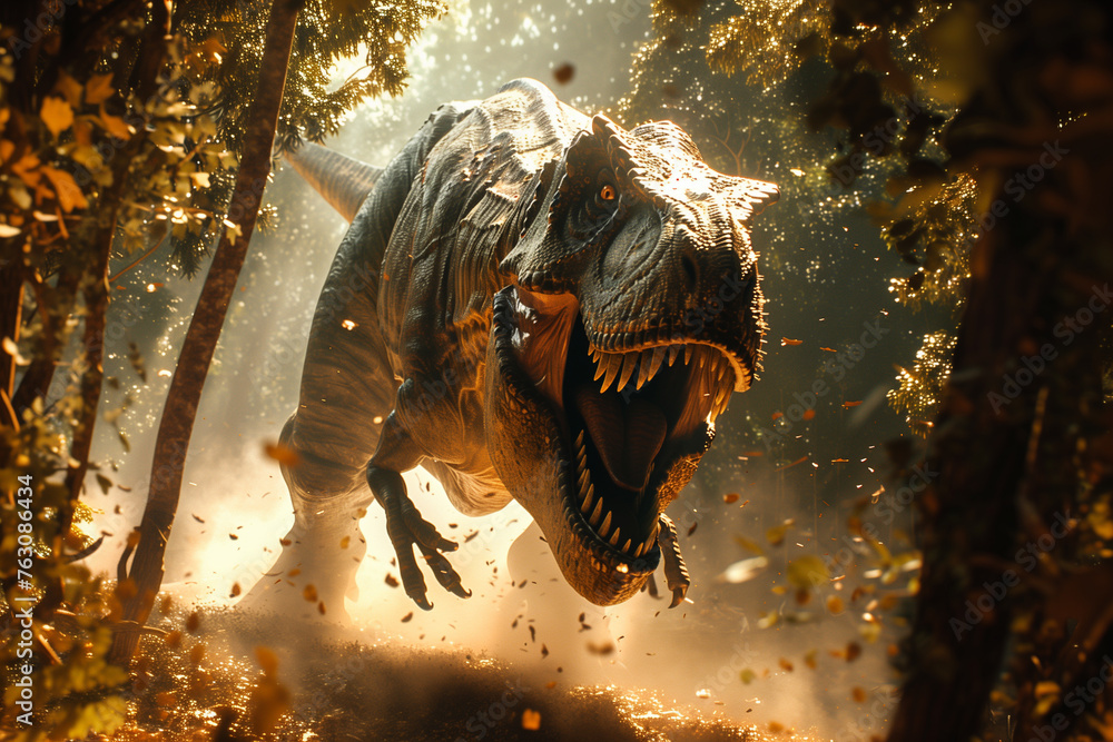 Tyrannosaurus rex dinosaur is roaring and running to hunt down fierce ...