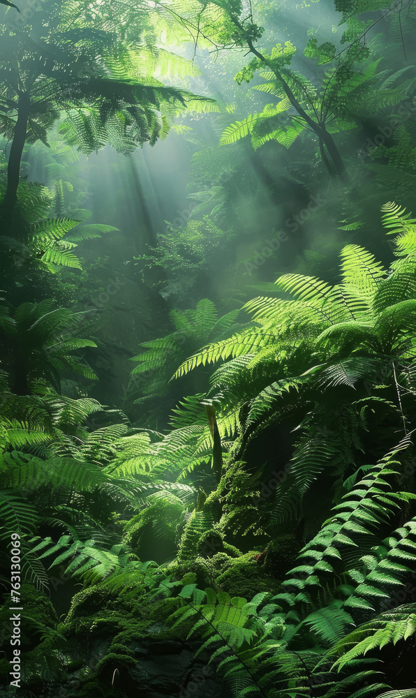 Dense green ferns grow abundantly in a forest setting, creating a lush ...