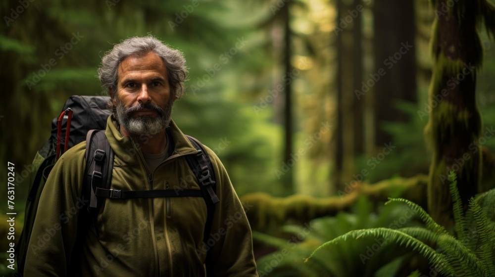 Temperate rainforest botanist towering trees mossy rocks awe of old ...