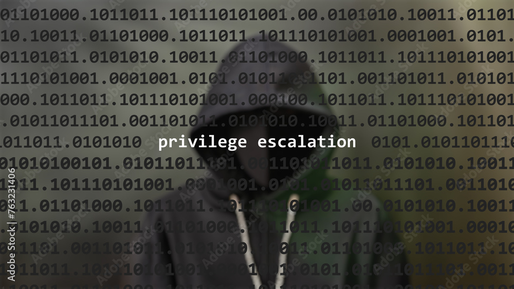 Cyber attack privilege escalation text in foreground screen, anonymous ...