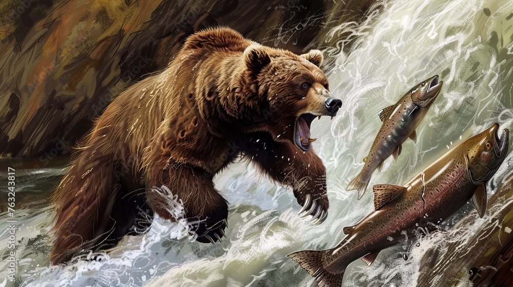 A ferocious grizzly bear tears apart a salmon as it jumps from a raging ...
