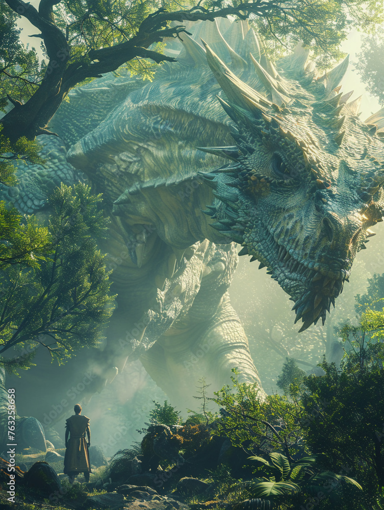 Monster, dragon, ancient, guarding a hidden treasure in a mystical ...