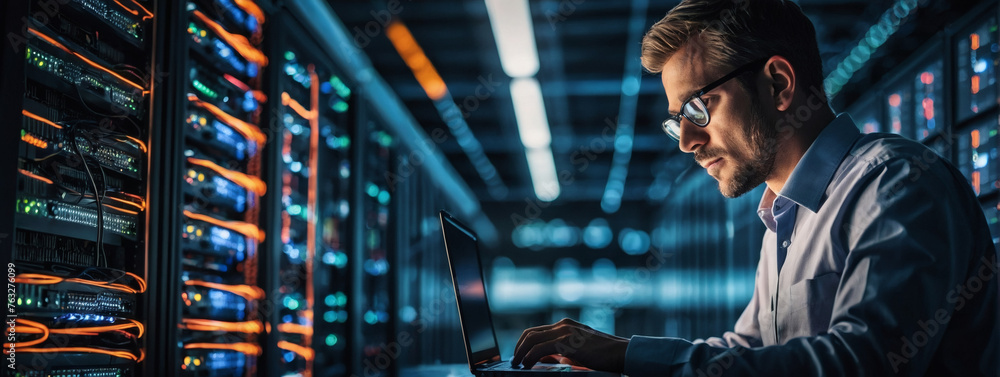 CTO data center technician in data center warehouse with laptop ...