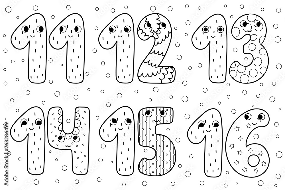 Image vectorielle Stock Cute black and white numbers characters 11-16 ...