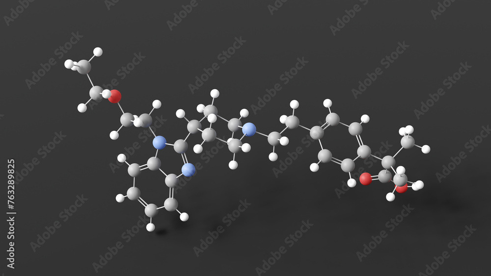 bilastine molecular structure, antihistamine medication, ball and stick ...