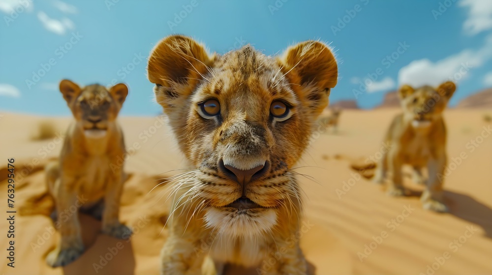 Curious gazes of young lions in the desert captured in a wide-angle ...