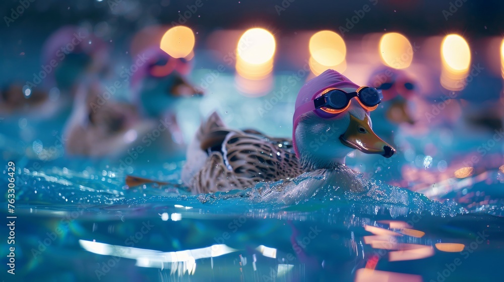 Ducks in swim caps and goggles gracefully swimming laps in a gym pool ...