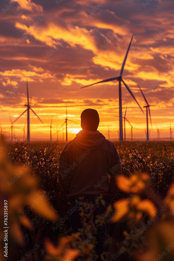 Biomass Farming Pioneer: Resolute Figure Amidst Wind Turbines and ...