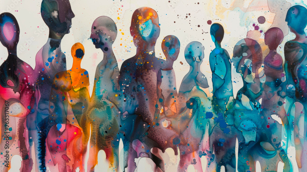 Abstract painting depicting group of people gathered, interacting ...