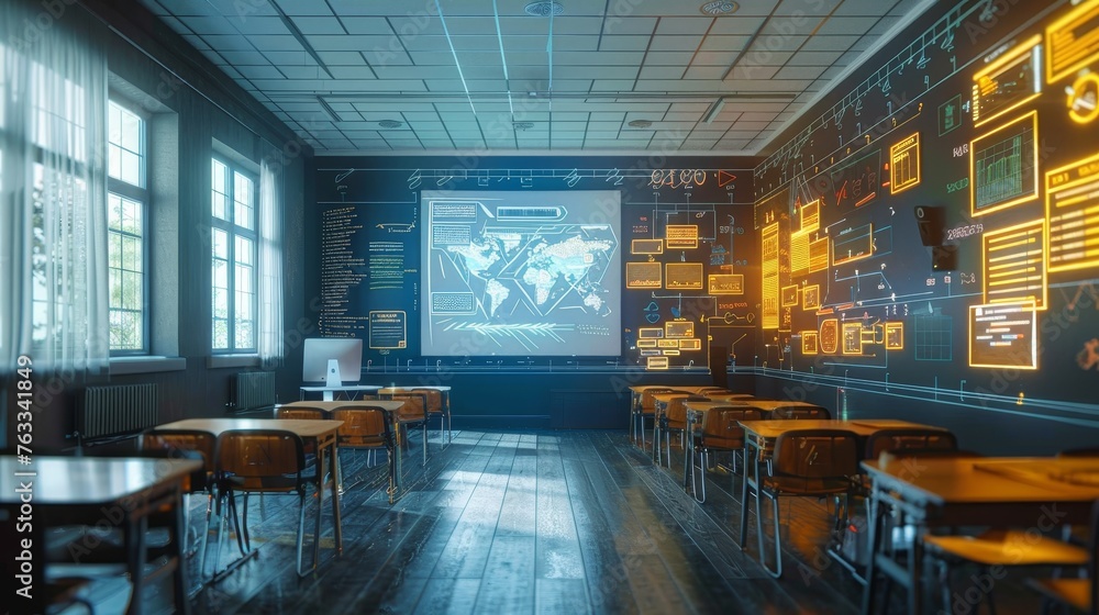 The sunlight filters into a smart classroom, highlighting the ...
