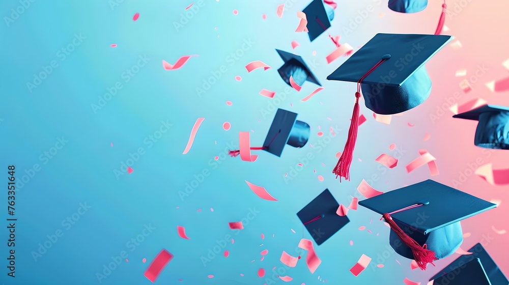 Celebratory graduation caps thrown in the air, festive academic success ...