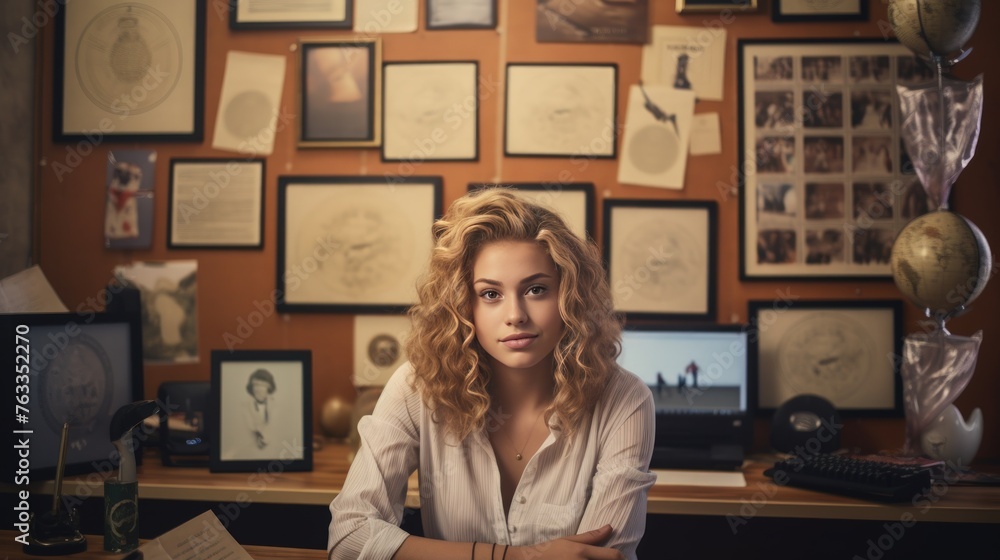 Beautiful young woman with freckles and a model appearance proudly ...