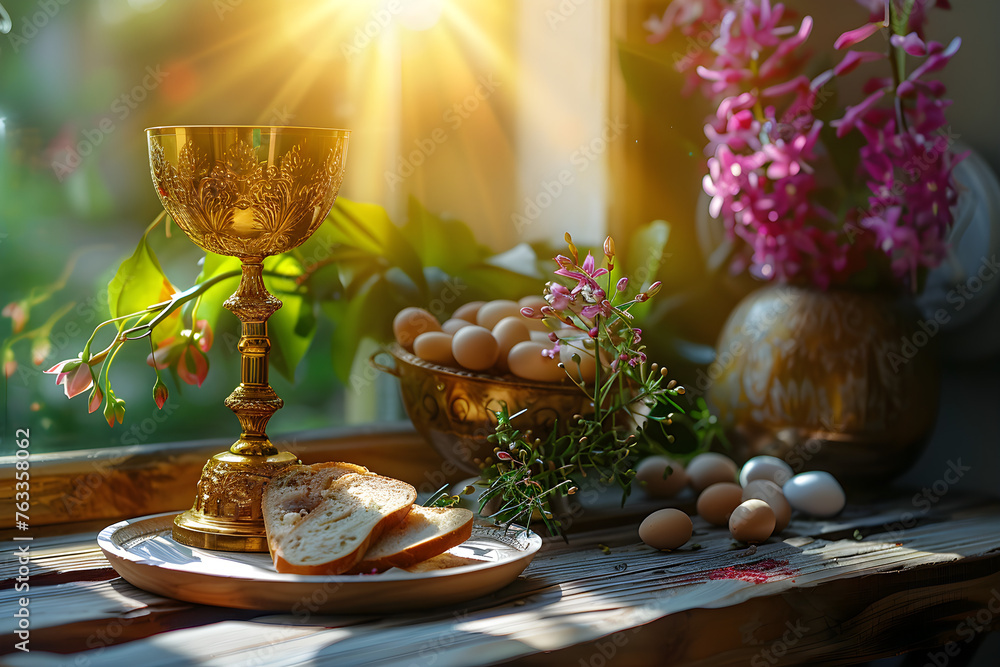 Holy communion on wooden table in church, the feast of corpus christi ...
