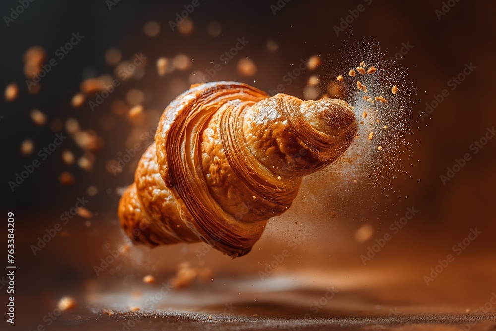 A golden croissant is caught in a mesmerizing mid-air dance, surrounded ...