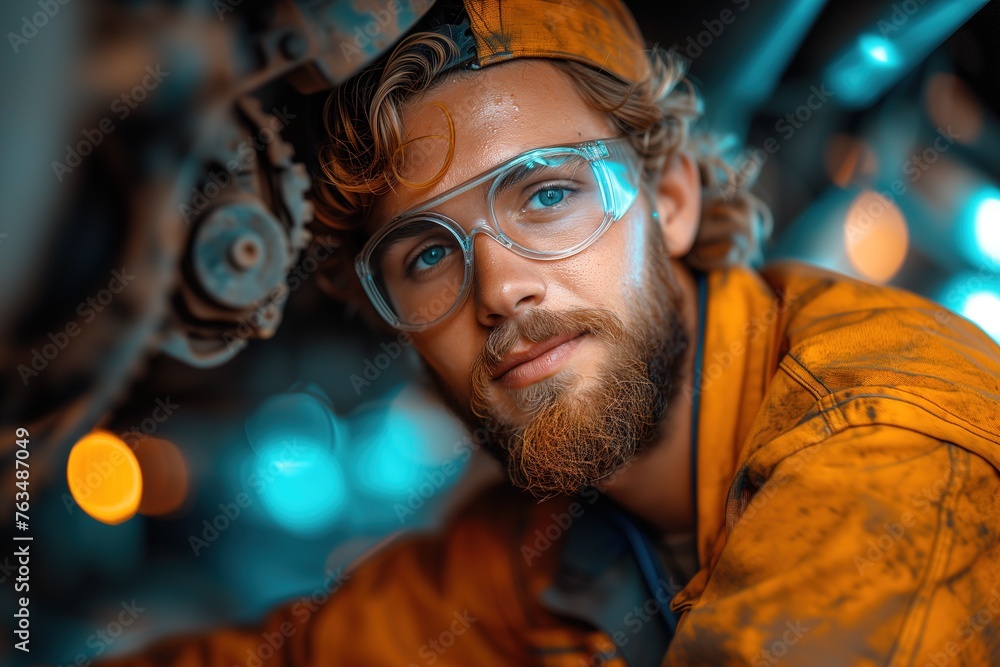 Intense young mechanic with safety goggles examining vehicle parts in a ...