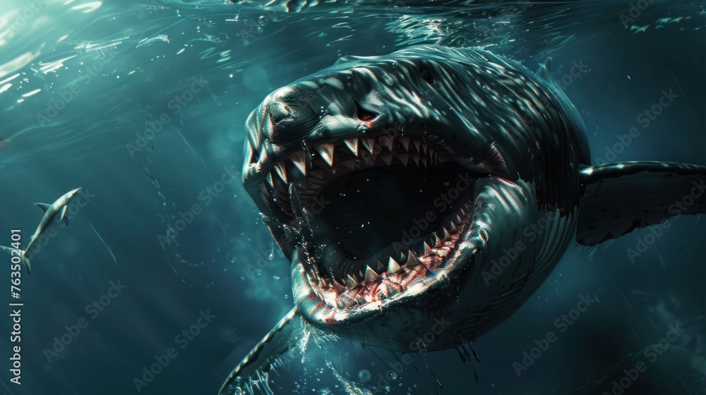 Zombie whale swims and bites shark First person view realistic daylight ...