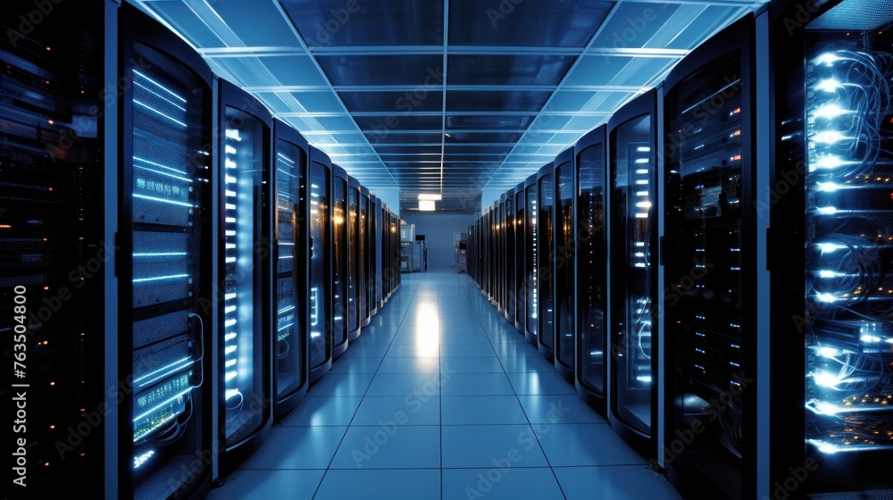 Depict a state of the art data center with rows of server racks, cooling systems, and redundant ...