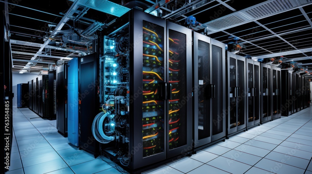 Depict a state of the art data center with rows of server racks ...