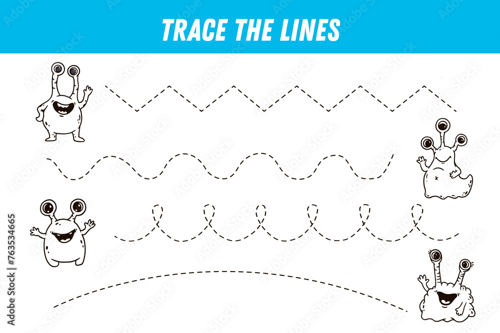 Tracing lines for kids. Cute cartoon monsters. Handwriting practice ...