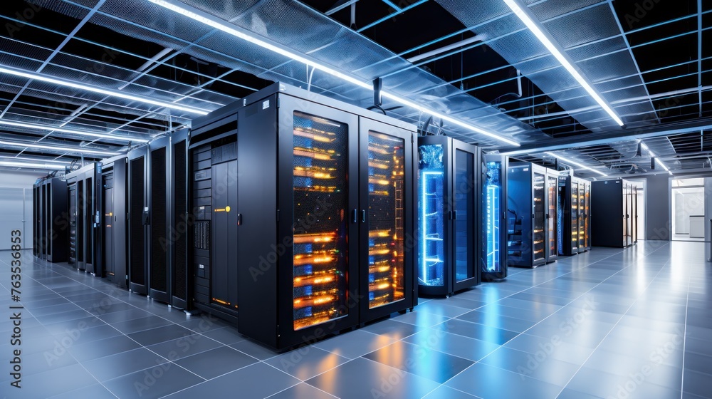 Depict a state of the art data center with rows of server racks, cooling systems, and redundant ...