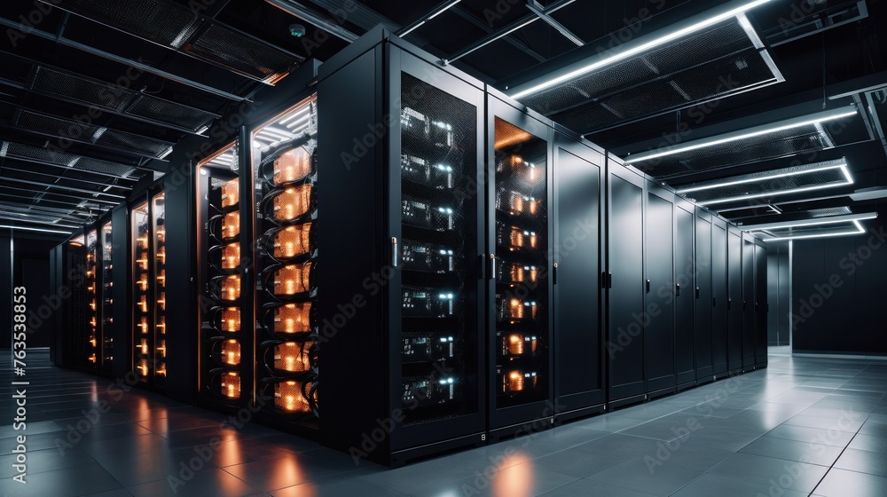 Depict a state of the art data center with rows of server racks, cooling systems, and redundant ...